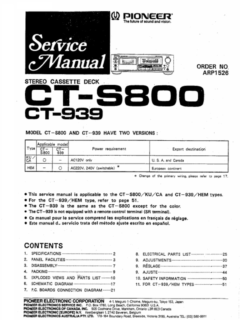 Pioneer CT 939 Service Manual | PDF