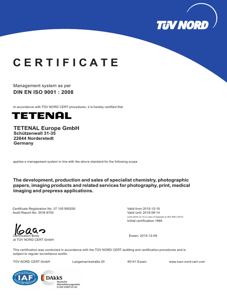 Tetenal Europe GmbH ISO 9001 Certification | PDF | Business