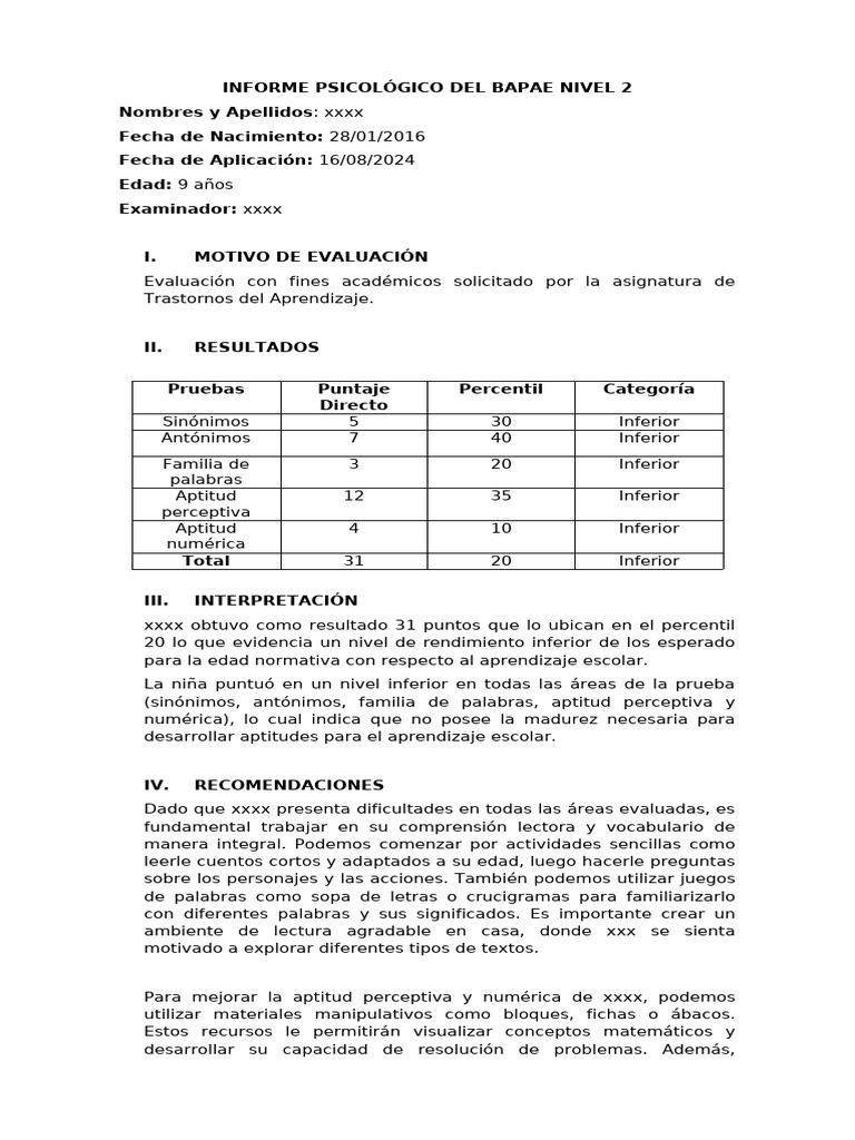 BAPAE 2 Informe | PDF | Aprendizaje | Evaluación