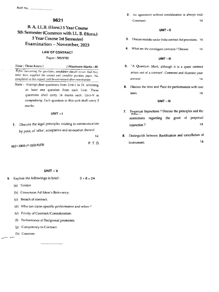 Ballb 5 Sem LLB 1 Sem Law of Contract 9621 Nov 2023 | PDF