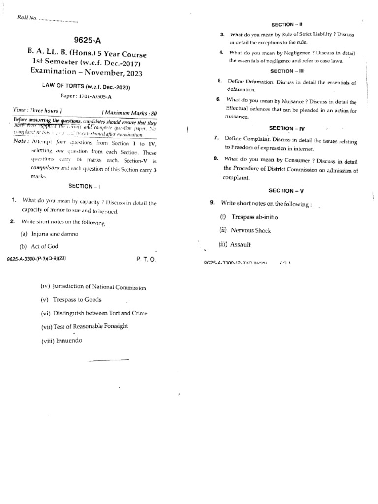 Ballb 1 Sem Law of Torts 9625 A Nov 2023 | PDF