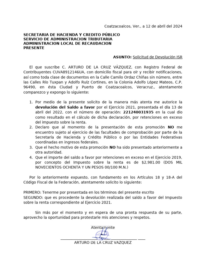 Solicitud de Devolución ISR 2021 | PDF