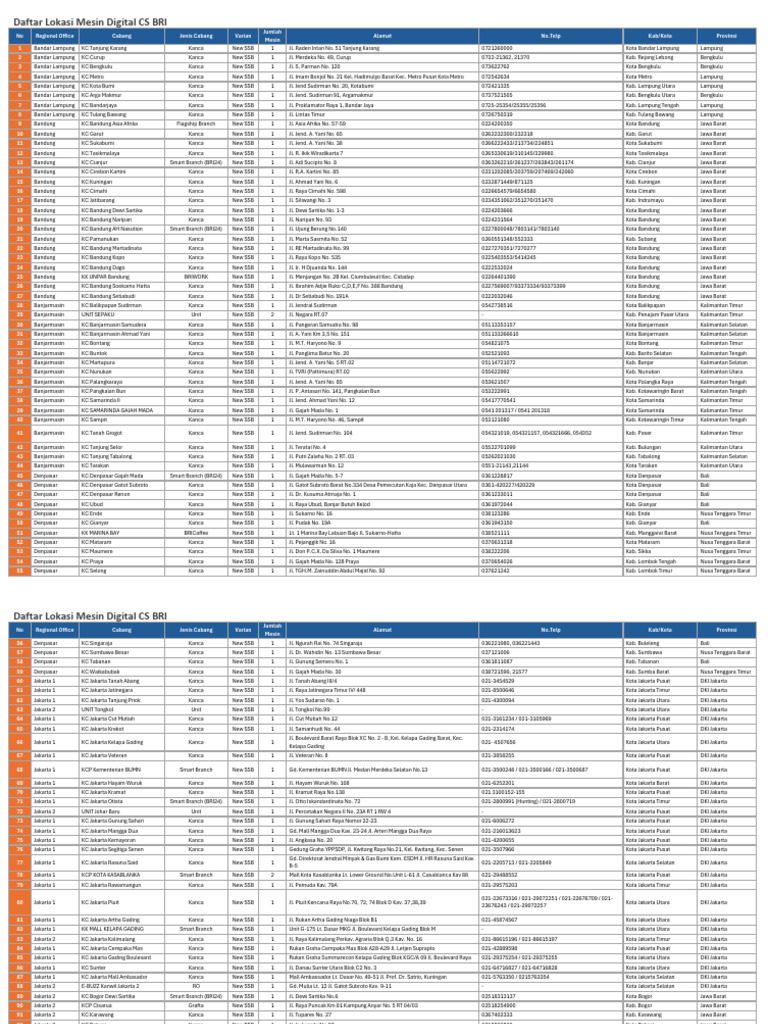 Data Lokasi Digital CS BRI (Web Bri) - Sept24 | PDF