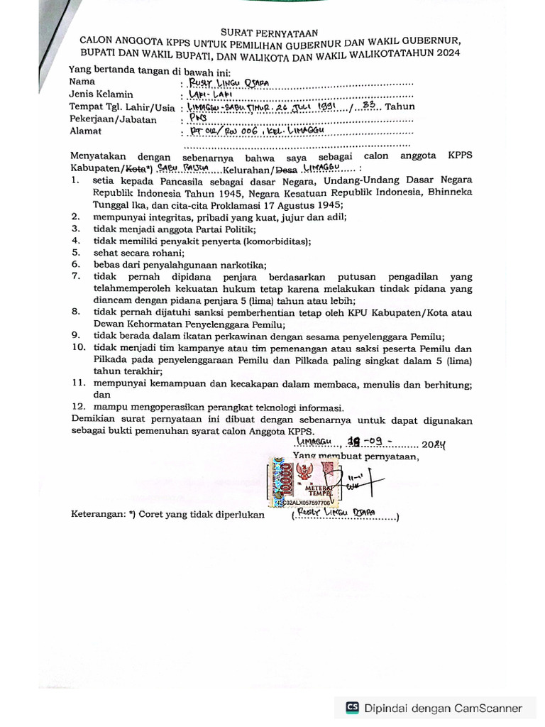 Surat Pernyataan KPPS | PDF