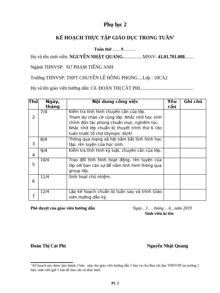 Phu Luc 2 KeHoachThucTapGiaoDuc Tuan | PDF