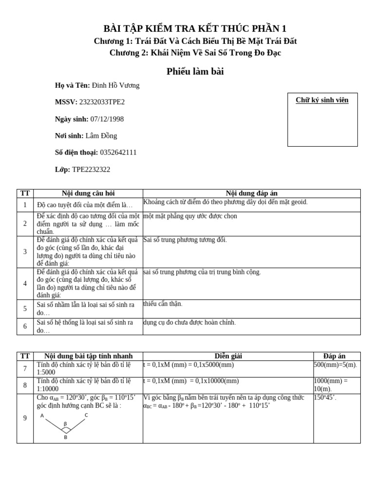 Bai Tap Kiem Tra Ket Thuc Phan 1 - Mon Trac Dia Dai Cuong | PDF