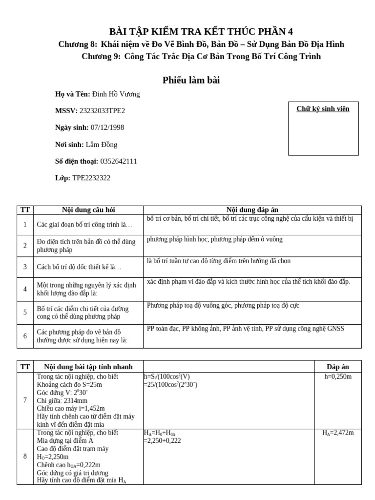 Bai Tap Kiem Tra Ket Thuc Phan 4 - TĐĐC | PDF