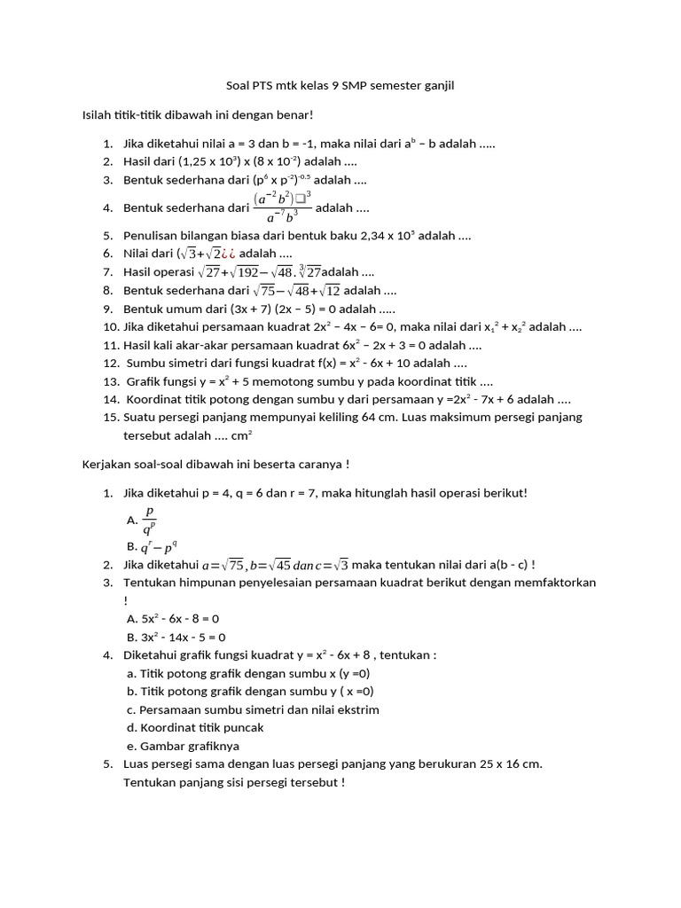 Soal PTS MTK Kelas 9 SMP Semester Ganjil | PDF
