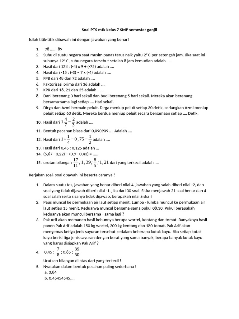 Soal PTS MTK Kelas 7 SMP Semester Ganjil | PDF