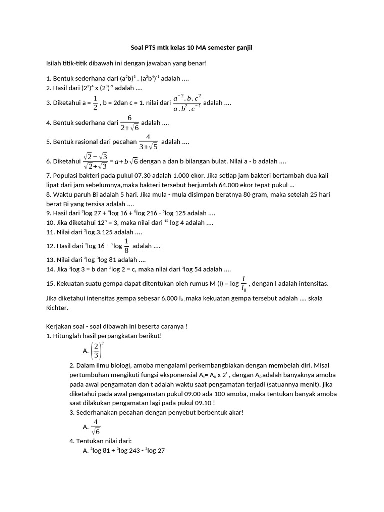 Soal PTS MTK Kelas 10 MA Semester Ganjil | PDF