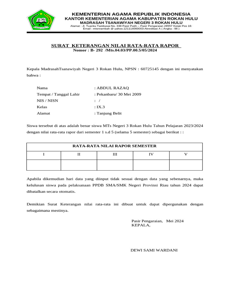 Surat Keterangan Nilai Rata 2024 | PDF