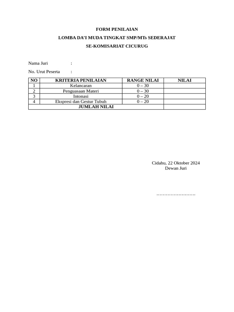 Form Penilaian Lomba | PDF