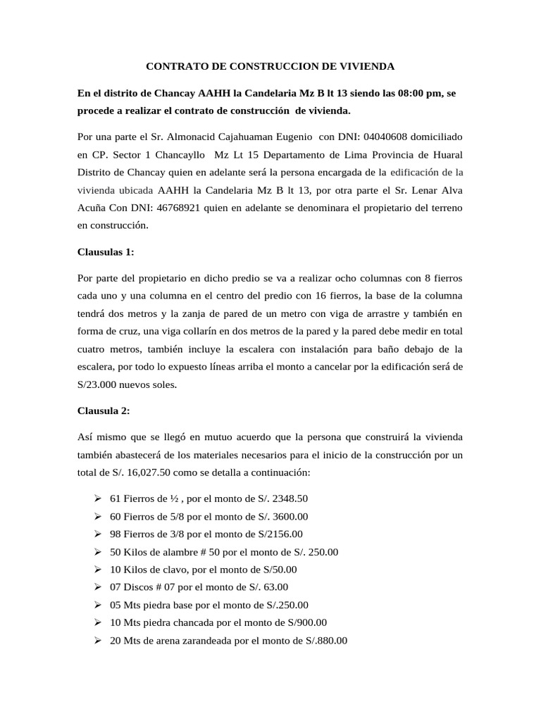 Contrato de Construccion de Vivienda | PDF