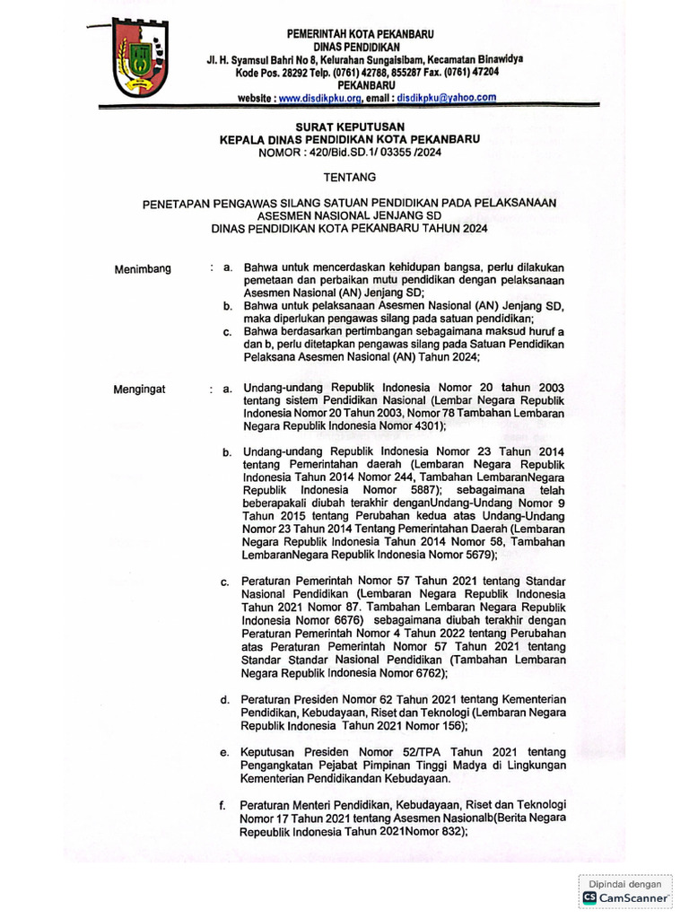 SK Pengawas Silang Asesmen Nasional SD T | PDF