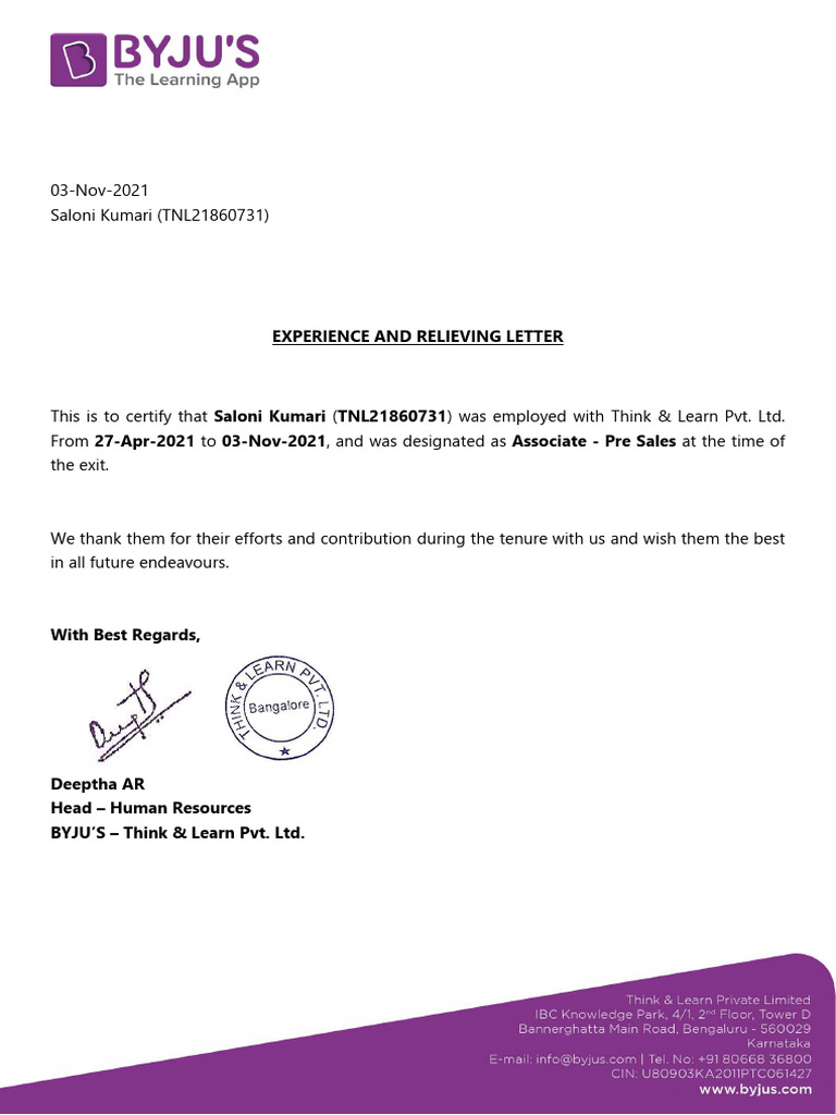 Got My Experience Letter #Byjus | PDF | Career & Growth | Business