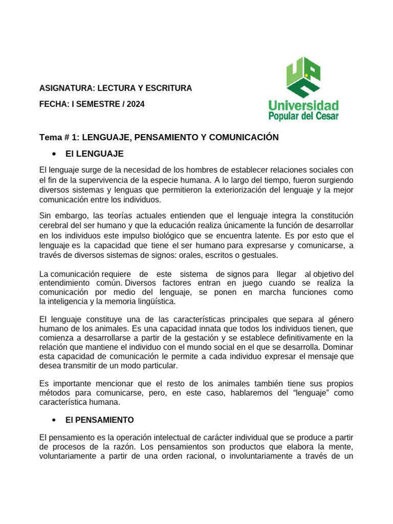 1. El LENGUAJE, PENSAMIENTO Y COMUNICACION (1) | PDF | Comunicación | Pensamiento