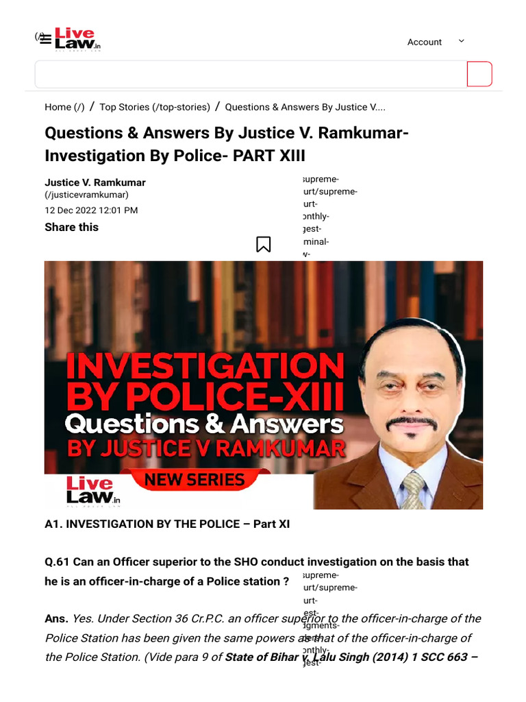 Questions & Answers by Justice v. Ramkumar - Investigation by Pol | PDF | Arrest | Supreme Court ...