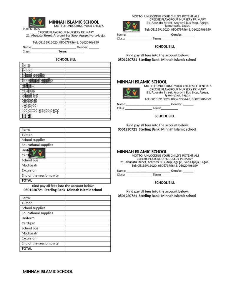 MINNAH ISLAMIC SCHOOL BILL | PDF