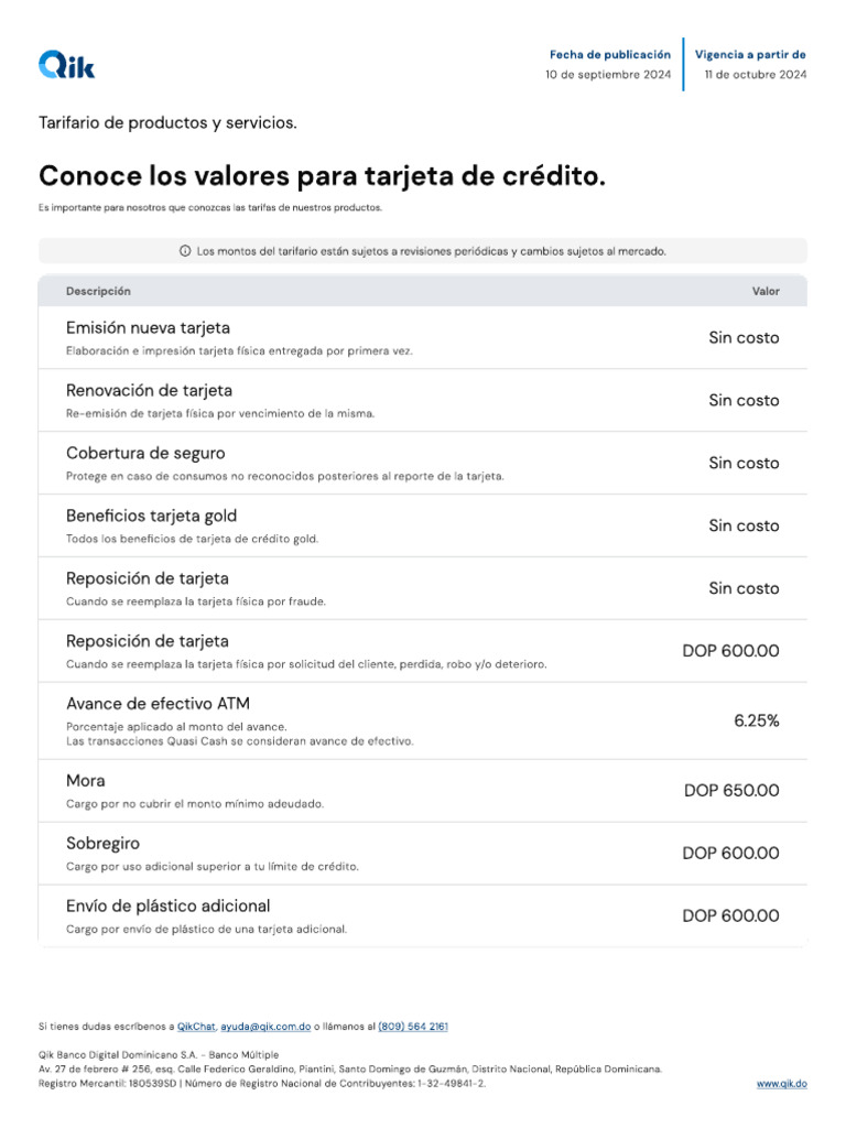 Tarifario de Productos y Servicios Qik Banco Octubre 2024 | PDF | Dinero | Servicios financieros