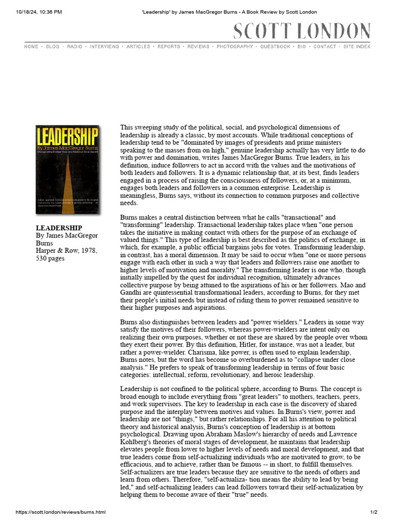'Leadership' by James MacGregor Burns - A Book Review by Scott London ...