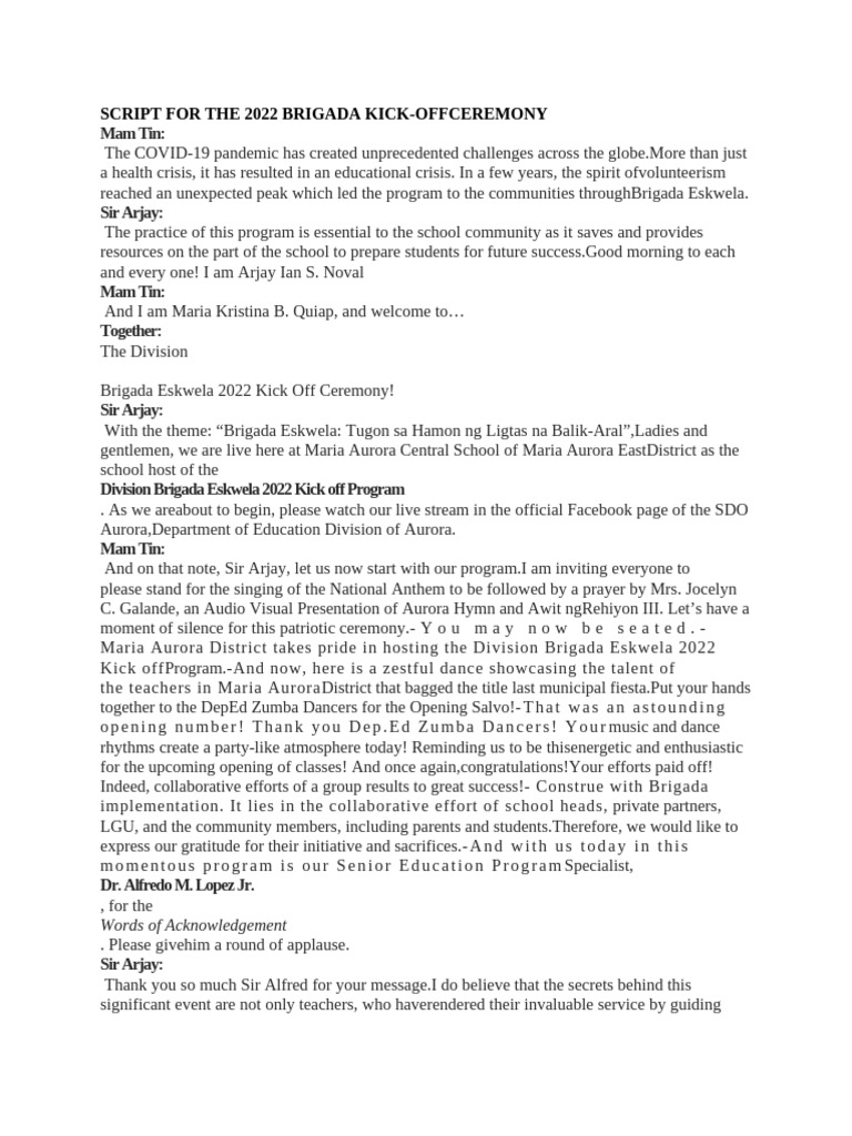 1st trial -SCRIPT FOR THE BRIGADA KICK off | PDF