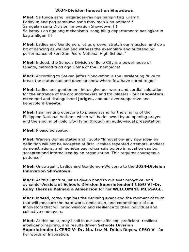 Script Emcee 2024-Division Innovation Showdown | PDF | Innovation