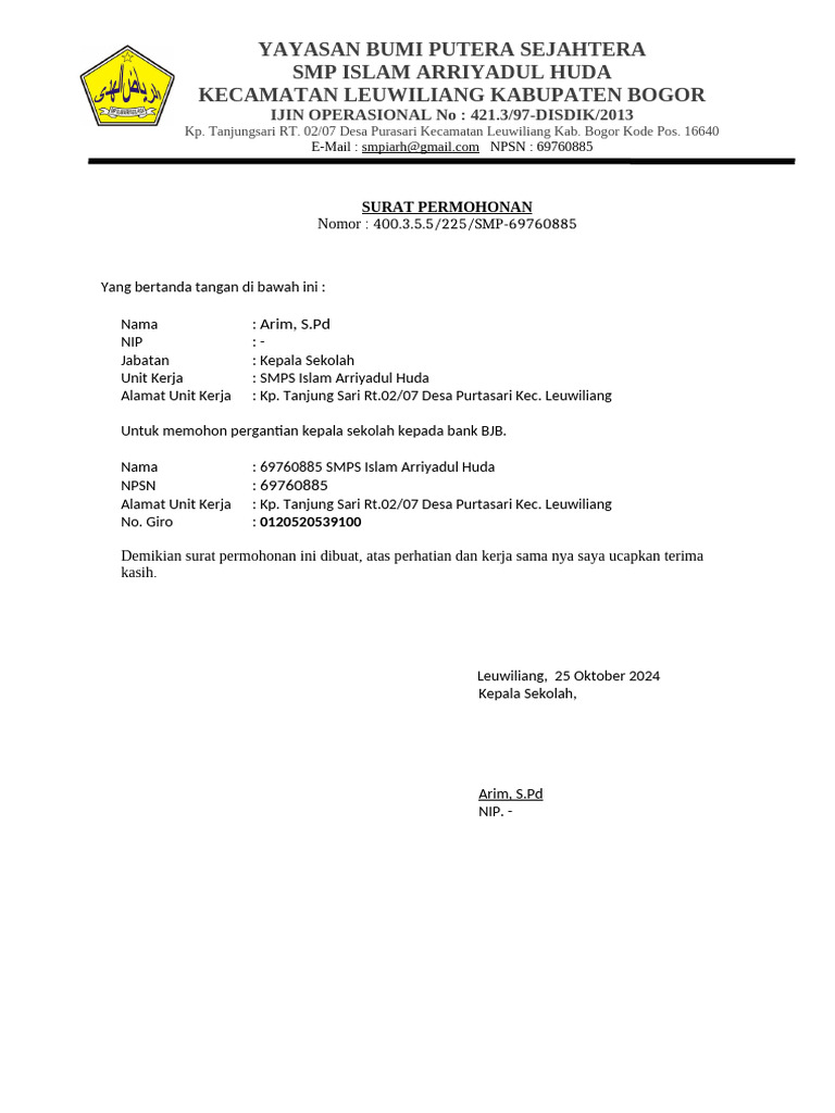Surat Permohonan Pergantian Specimen Bank | PDF