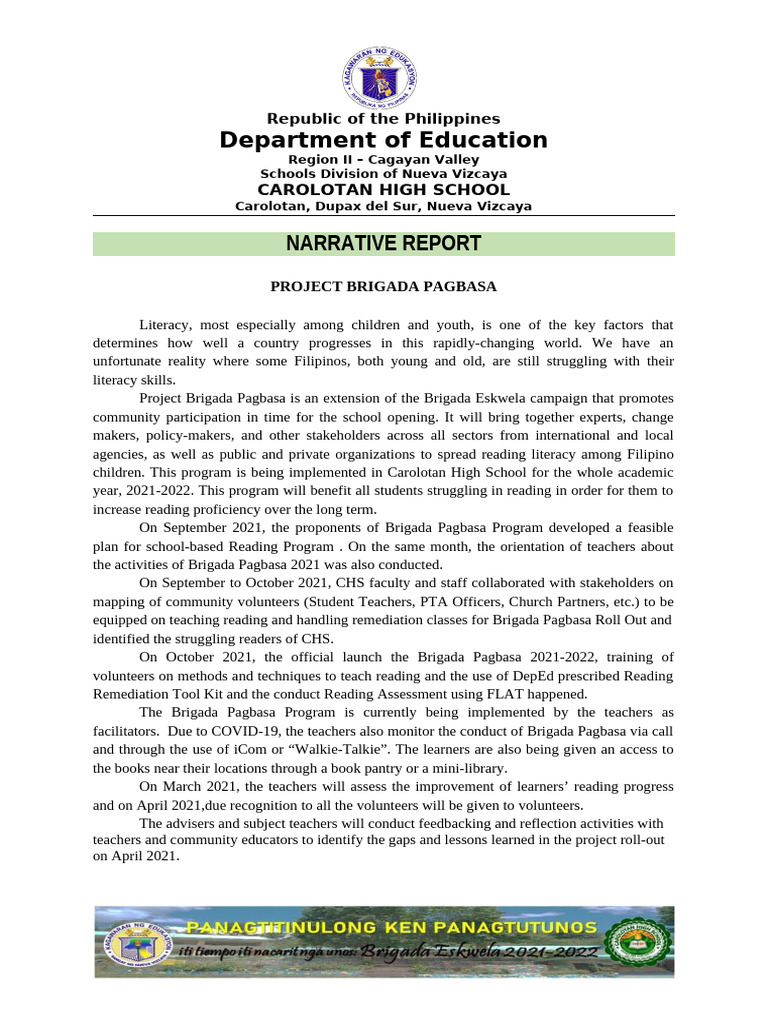 BE2020-Narrative-Report Project Brigada Pagbasa | PDF | Teachers | Literacy