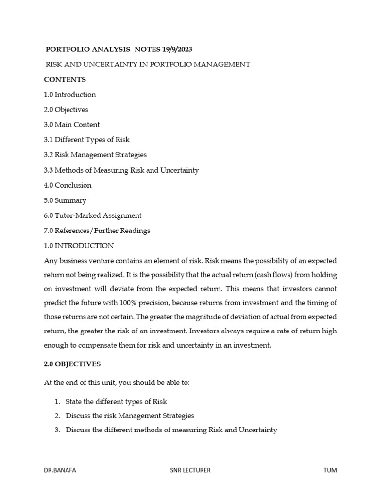 Portfolio Management | PDF | Financial Risk | Investing