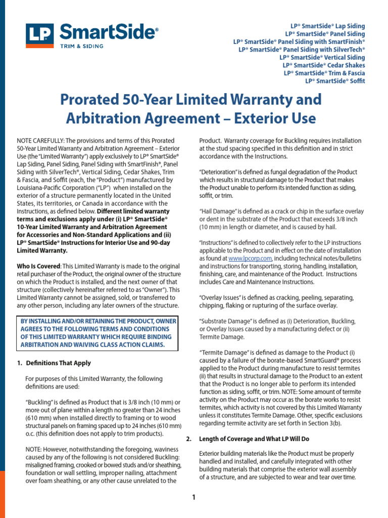 LP Smart Side Warranty 2021 Update | PDF | Arbitration | Implied Warranty