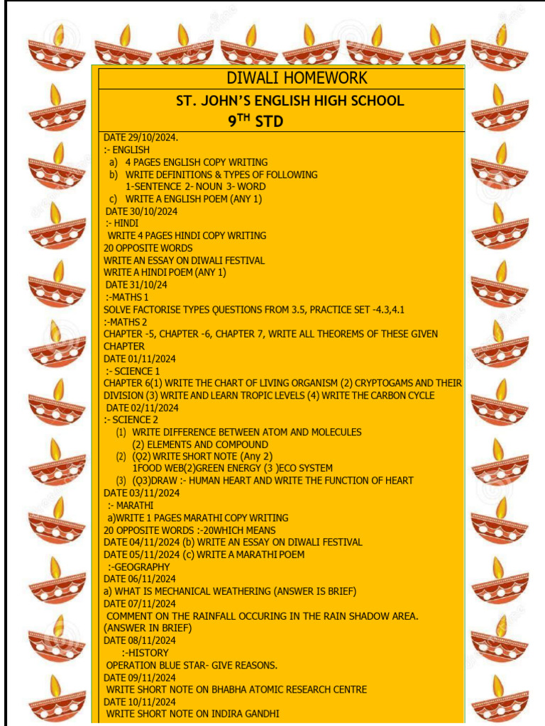Diwali Homework for 9th Grade | PDF