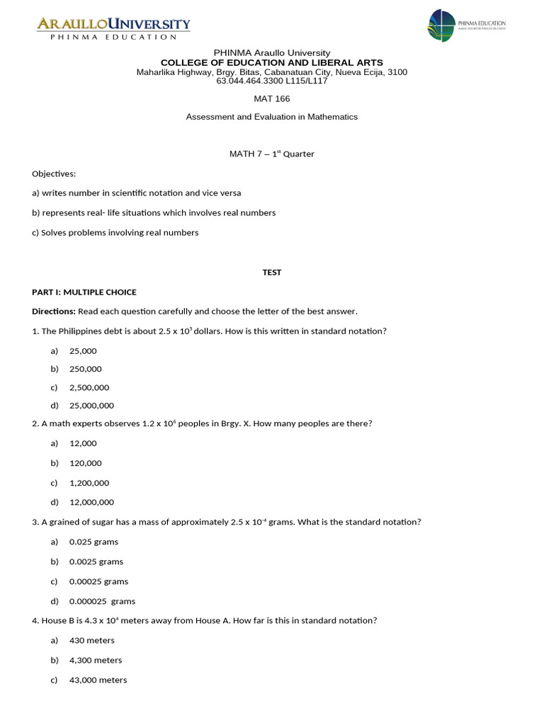 MAT-166-Format-Assessment | PDF | Variable (Mathematics) | Numbers