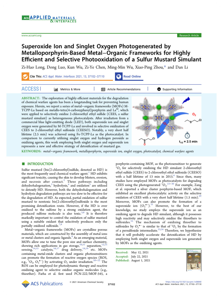 Superoxide Ion and Singlet Oxygen Photogenerated by Metalloporphyrin-Based Metal-Organic ...