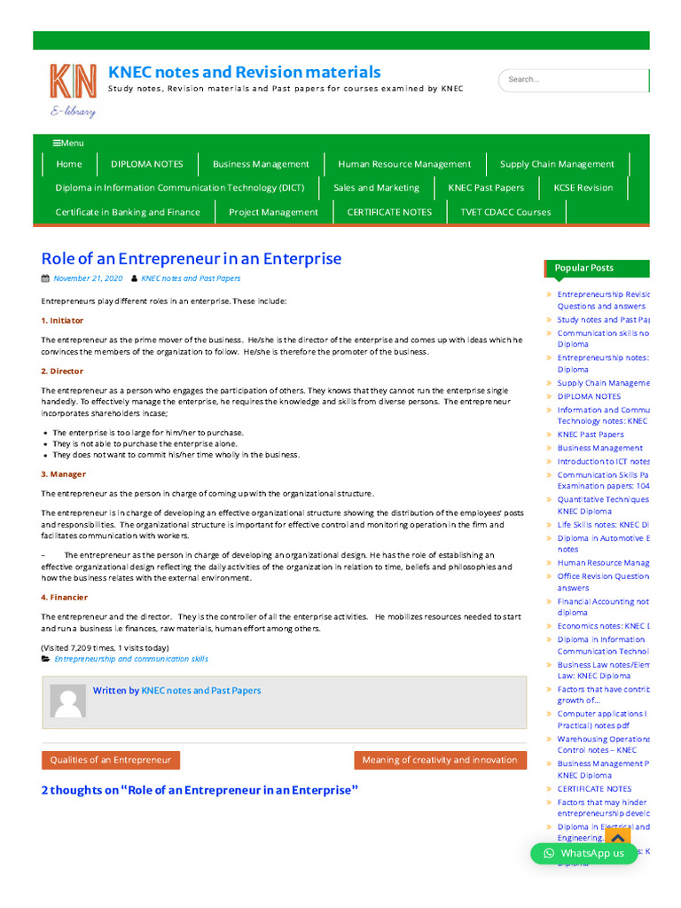 KNEC Notes and Revision Materials: Role of An Entrepreneur in An ...