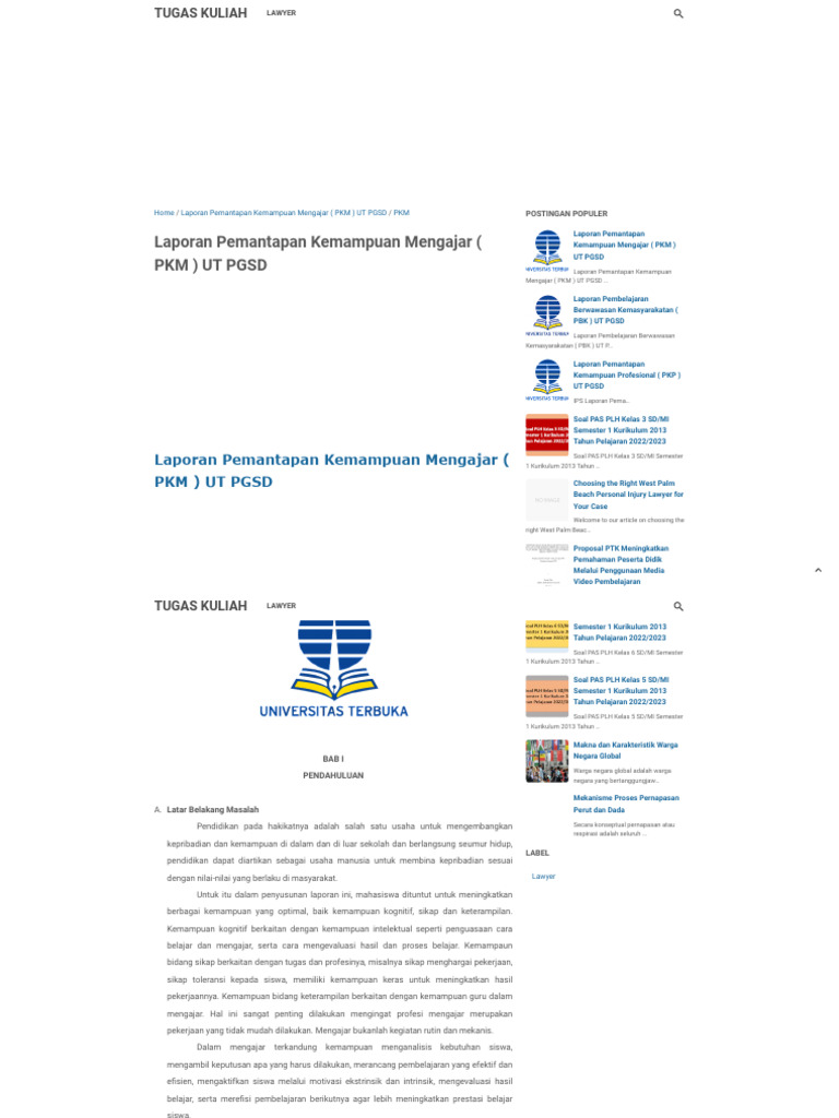 Laporan Pemantapan Kemampuan Mengajar (PKM) UT PGSD - Tugas Kuliah | PDF