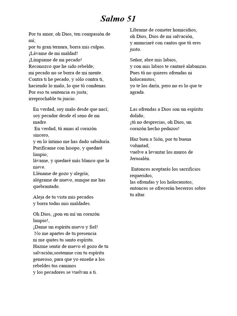 Salmo 51 Oración De Perdón Y Limpieza Pdf