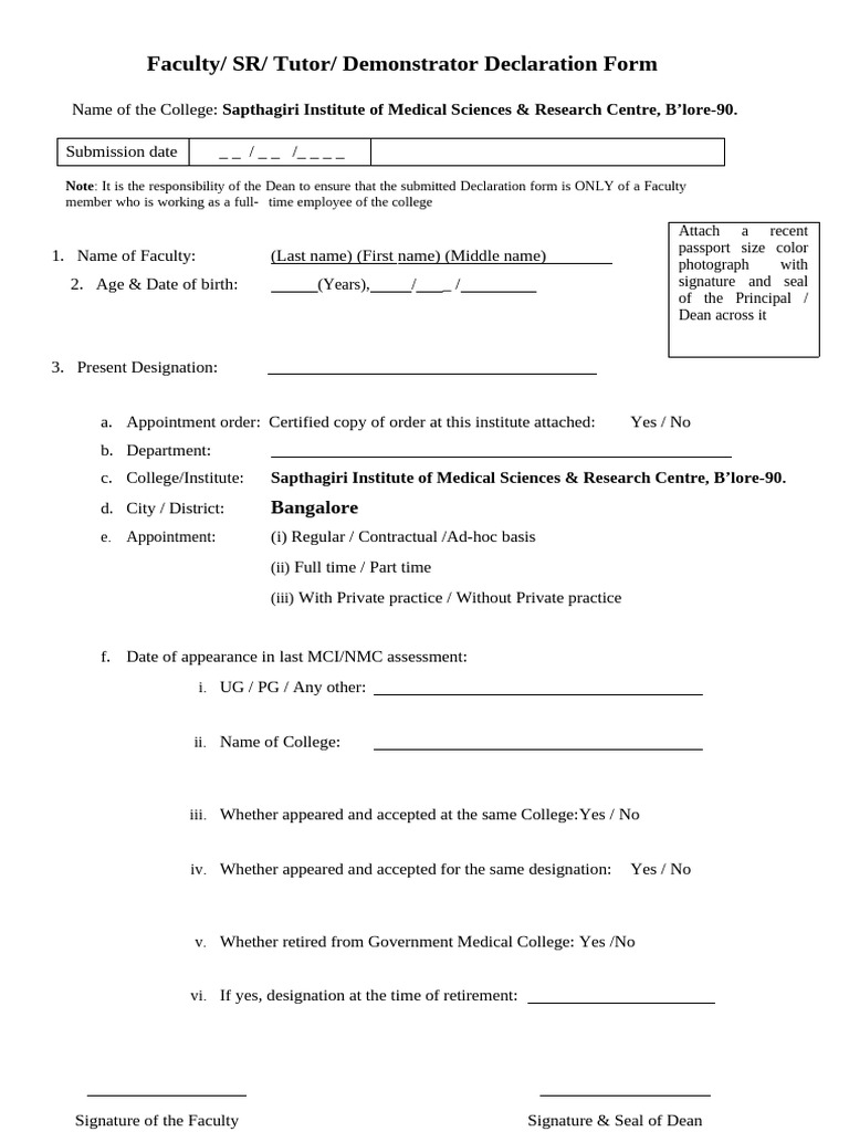 NMC Revised Declaration Form (Faculty & Residents) | PDF | Doctor Of ...