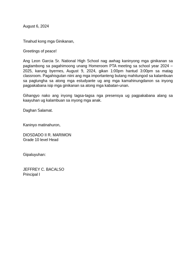Homeroom Pta Letter To Parent | PDF