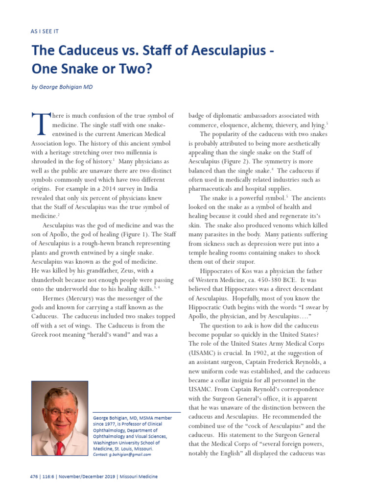 The Caduceus vs. Staff of Aesculapius - One Snake or Two?: by George ...