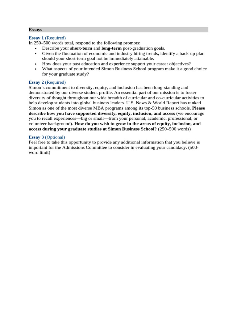 MBA Essay Guidance for Simon School | PDF