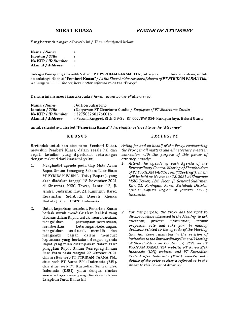 Surat Kuasa Bilingual | PDF