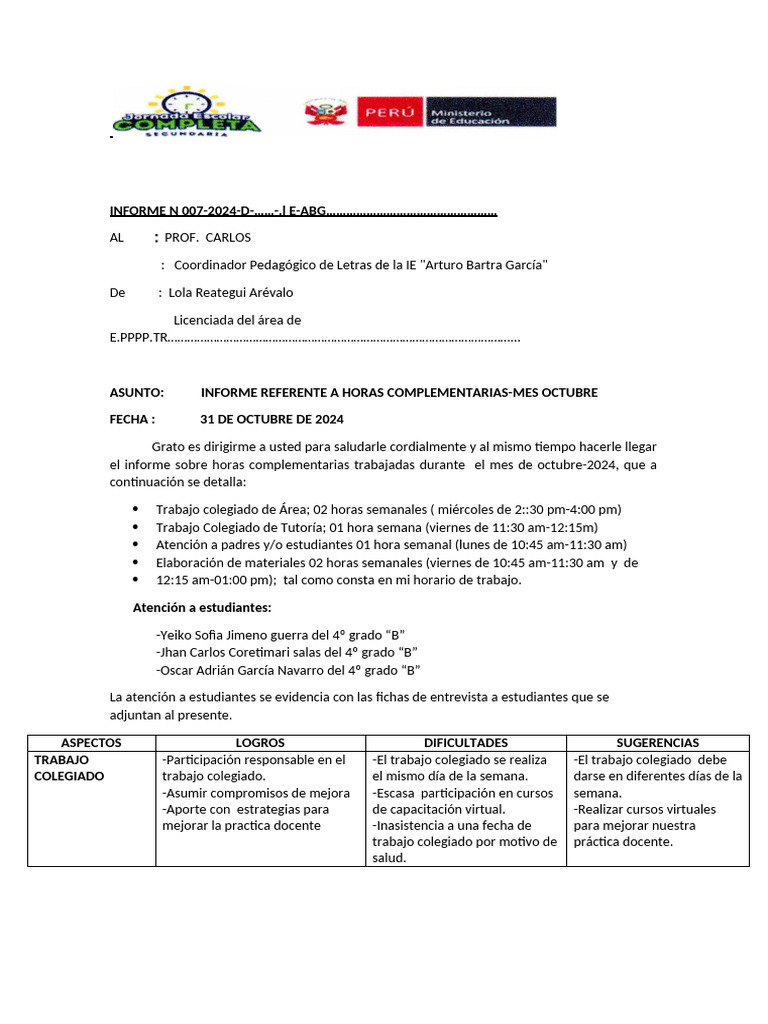 Informe - Horas Complementarias-Pacha | PDF | Maestros | Cognición