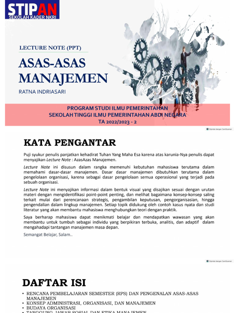Lecture Note (PPT) Asas-Asas Manajemen | PDF