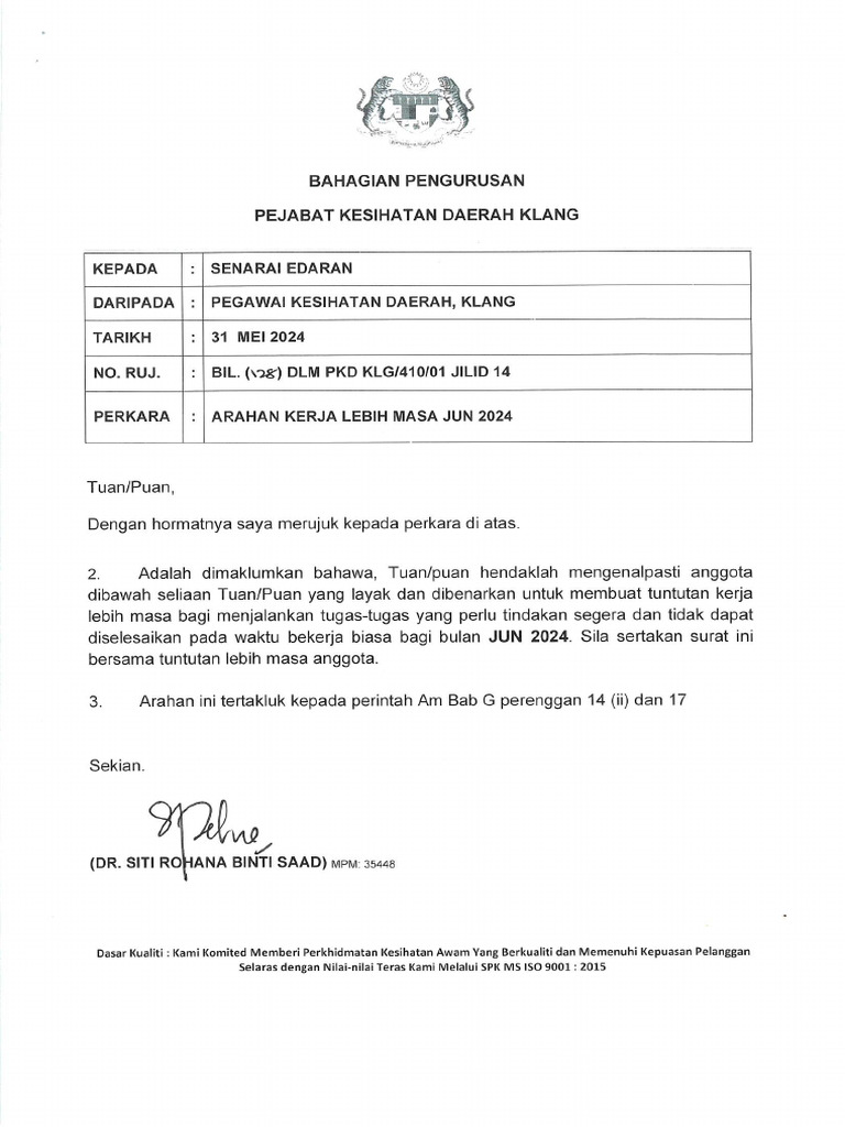 Surat Arahan Kerja Lebih Masa 06-2024 | PDF
