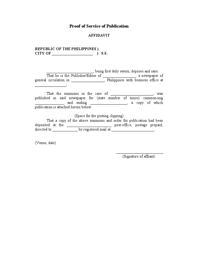 Affidavit of Service by Publication | PDF | Affidavit | Civil Law ...