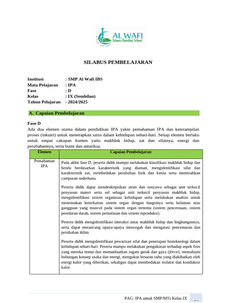Silabus IPA Kelas IX SMP Al Wafi 2024/2025 | PDF