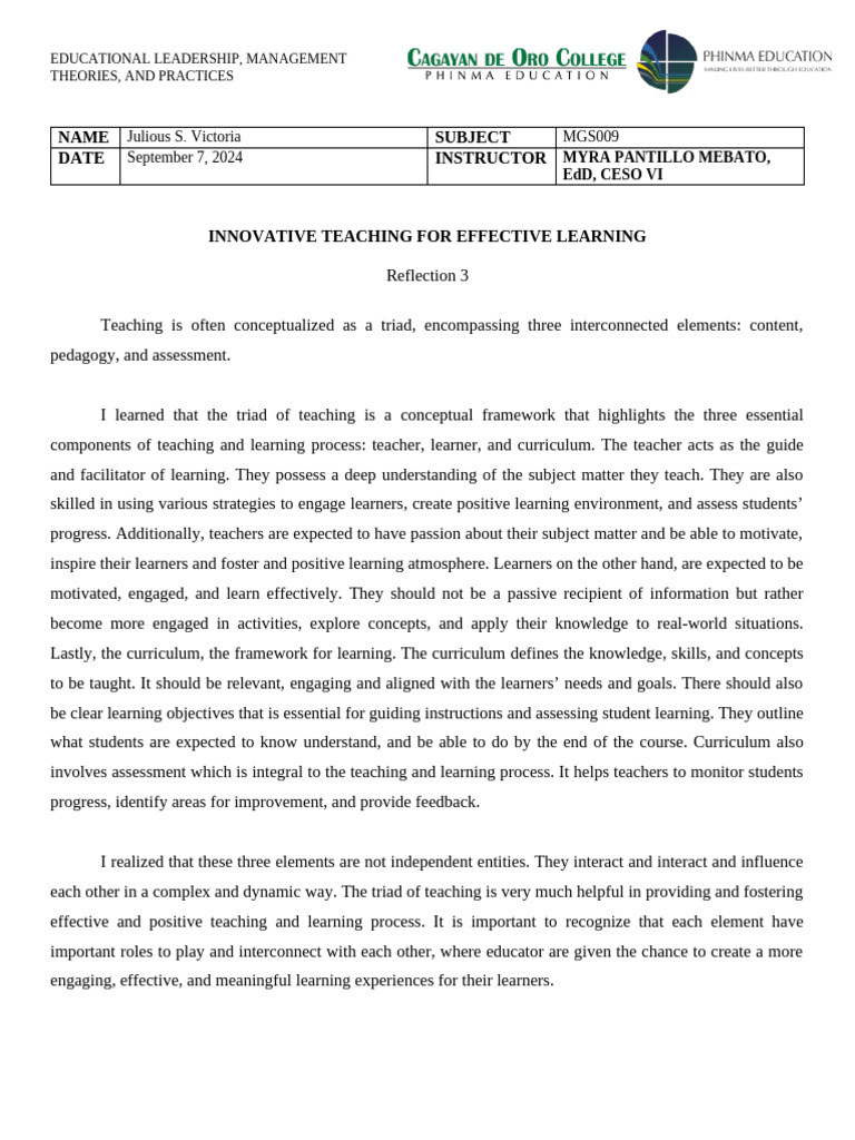 Reflection 3 - VICTORIA | PDF | Learning | Curriculum