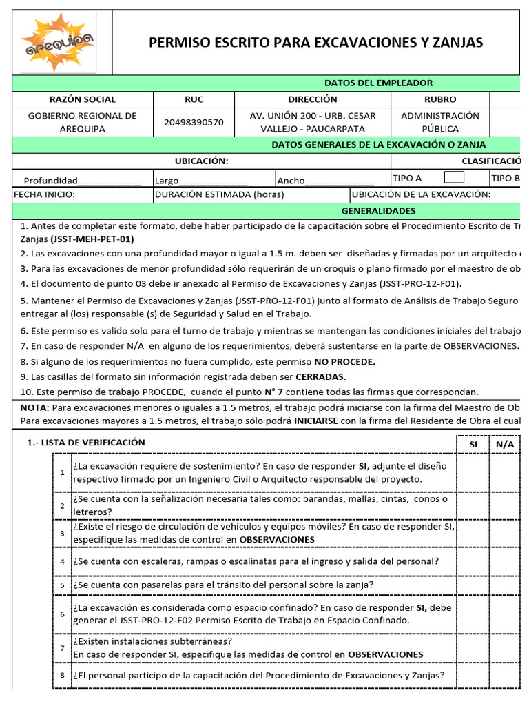 JSST-PRO-12-F01-PETAR para Trabajos en Excavaciones y Zanjas | PDF