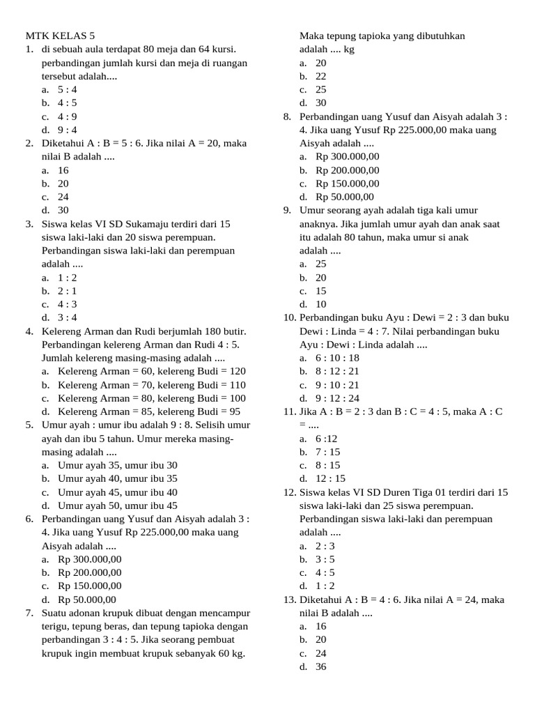 Soal Matematika Rasio Kelas 5 | PDF
