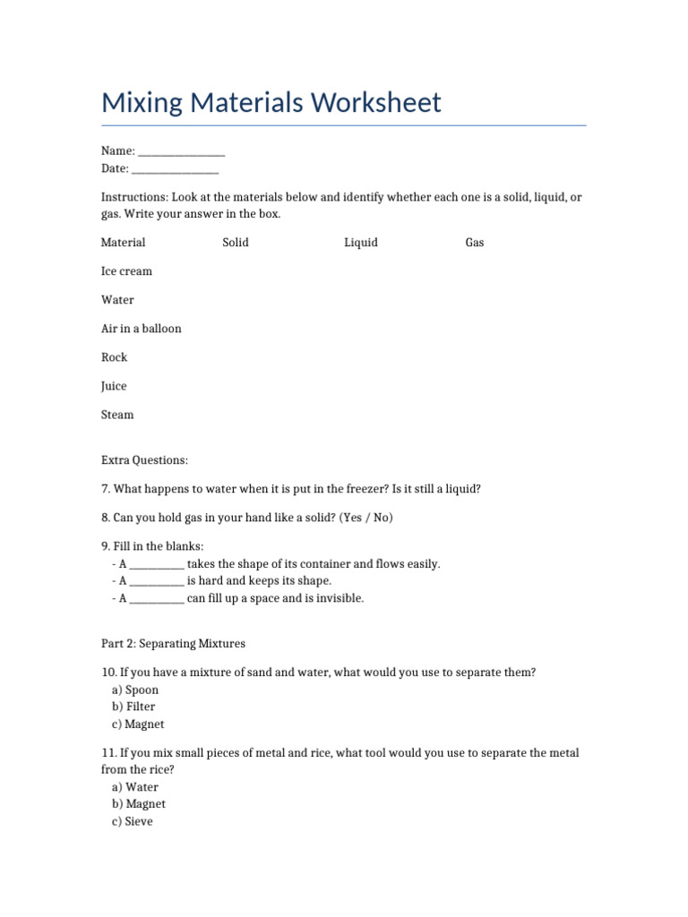 Mixing Materials Worksheet | PDF | Water | Mixture